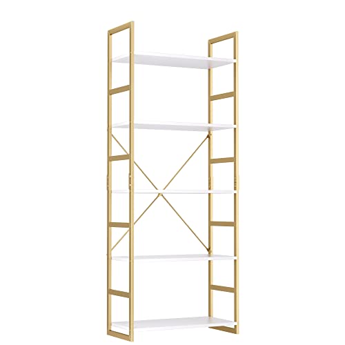 finetones 5 Tier Bookshelf, Industrial Gold Bookcase with Metal Frame, Modern Display Shelves Plant Flower Stand Rack for Bedroom Living Room Home Office, White and Gold