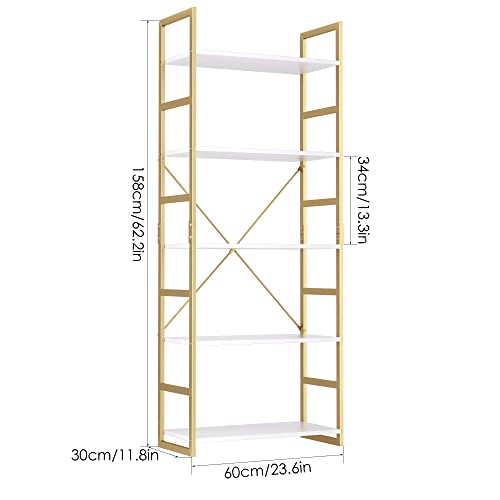 finetones 5 Tier Bookshelf, Industrial Gold Bookcase with Metal Frame, Modern Display Shelves Plant Flower Stand Rack for Bedroom Living Room Home Office, White and Gold