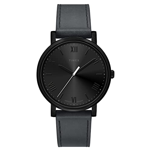 Timex Women's Originals 42mm Watch – Black Case & Dial with Dark Gray Genuine Leather Strap