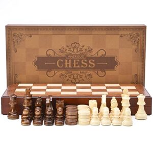 AMEROUS Wooden Chess & Checkers Set with Upgraded Weighted Chess Pieces, 15 Inches (2 in 1) Chess Board Games for Kids, Adults w/ 2 Extra Queens / 24 Cherkers Pieces/Gift Package