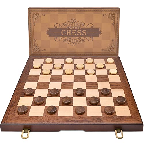 AMEROUS Wooden Chess & Checkers Set with Upgraded Weighted Chess Pieces, 15 Inches (2 in 1) Chess Board Games for Kids, Adults w/ 2 Extra Queens / 24 Cherkers Pieces/Gift Package