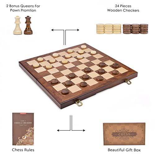 AMEROUS Wooden Chess & Checkers Set with Upgraded Weighted Chess Pieces, 15 Inches (2 in 1) Chess Board Games for Kids, Adults w/ 2 Extra Queens / 24 Cherkers Pieces/Gift Package