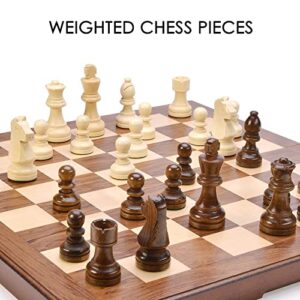 AMEROUS Wooden Chess & Checkers Set with Upgraded Weighted Chess Pieces, 15 Inches (2 in 1) Chess Board Games for Kids, Adults w/ 2 Extra Queens / 24 Cherkers Pieces/Gift Package