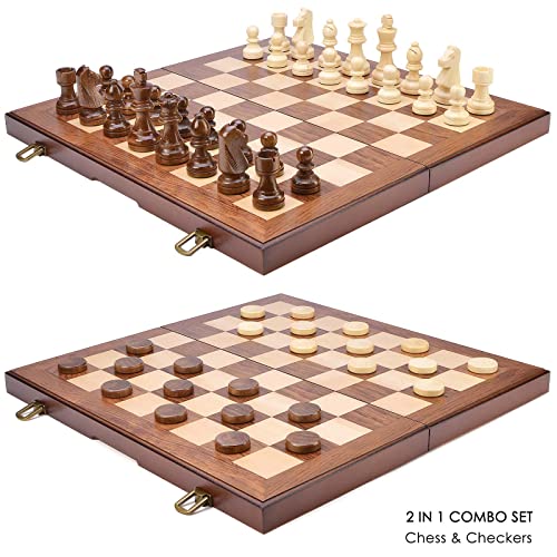 AMEROUS Wooden Chess & Checkers Set with Upgraded Weighted Chess Pieces, 15 Inches (2 in 1) Chess Board Games for Kids, Adults w/ 2 Extra Queens / 24 Cherkers Pieces/Gift Package