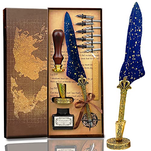 Jubapoz Feather Pen Calligraphy Pen and Ink Set Antique Writing Quill Ink Dip Pens with Sealing Stamp and Wax for Drawing, Signatures, Retro Decoration (Glittering Navy Blue)