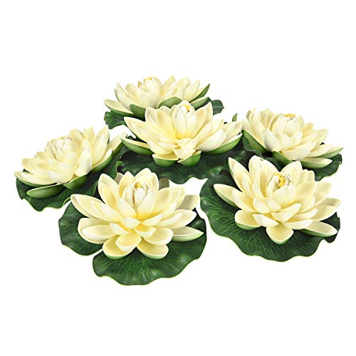 Dolicer Artificial Floating Foam Lotus Flowers 6Pcs Artificial Water Lily Pads Plastic Foam Lotus Flowers Lotus Lilies Pad Ornaments for Patio Koi Pond Pool Aquarium Home Garden Party Decor, Ivory