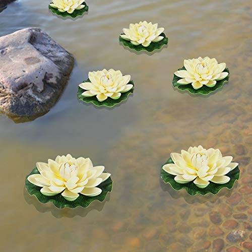 Dolicer Artificial Floating Foam Lotus Flowers 6Pcs Artificial Water Lily Pads Plastic Foam Lotus Flowers Lotus Lilies Pad Ornaments for Patio Koi Pond Pool Aquarium Home Garden Party Decor, Ivory