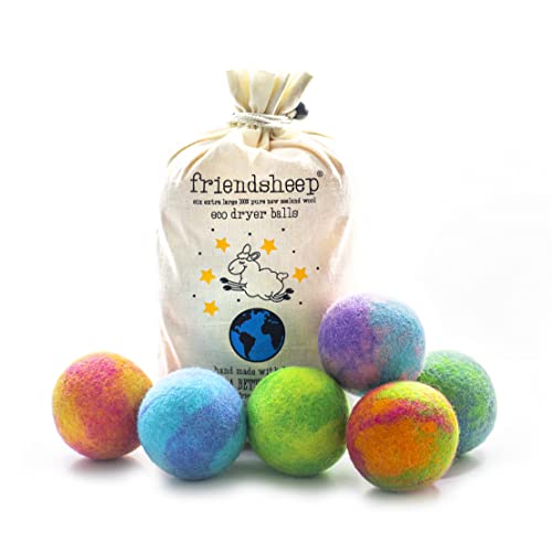 Friendsheep Wool Dryer Balls 6 Pack XL Organic Premium Reusable Cruelty Free Handmade Fair Trade No Lint Fabric Softener Color - Galaxy Tie Dye