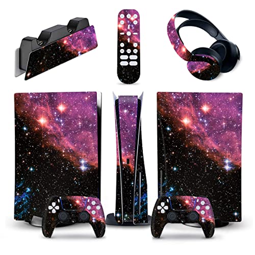 CENSTEEL PS5 Skin for PlayStation 5 Disc Version, Sticker for PS5 Vinyl Decal Cover for Playstation 5 Controller & Charging Station & Headset & Media Remote - Purple Starry Sky