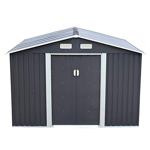 6.3' x 9.1’ Large Outdoor Storage Shed, Sturdy Utility Tool Lawn Mower Equipment Organizer for Backyard Garden w/Gable Roof, Lockable Sliding Door, Vents, Floor Frame - Grey