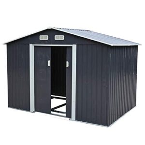 6.3' x 9.1’ Large Outdoor Storage Shed, Sturdy Utility Tool Lawn Mower Equipment Organizer for Backyard Garden w/Gable Roof, Lockable Sliding Door, Vents, Floor Frame - Grey