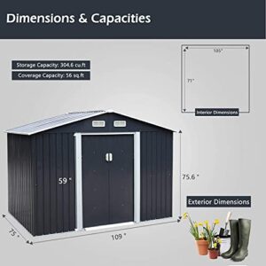 6.3' x 9.1’ Large Outdoor Storage Shed, Sturdy Utility Tool Lawn Mower Equipment Organizer for Backyard Garden w/Gable Roof, Lockable Sliding Door, Vents, Floor Frame - Grey