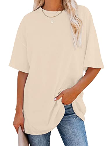 SAFRISIOR Women Oversized Solid Round Neck Short Sleeve T-shirt Drop Shoulder Casual Tee Shirt Tunic Blouse Top Apricot