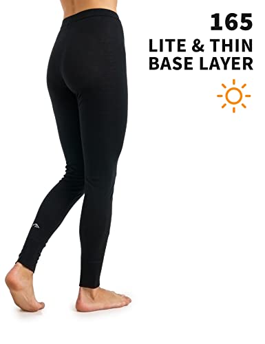 Merino Wool Base Layer Women Pants 100% Merino Wool Leggings Lightweight Thermal Underwear Bottoms + Merino Wool Socks (Large, 165 Black)