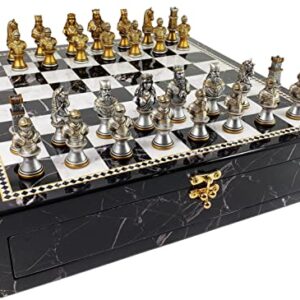 Medieval Times Crusades Knight Chess Set Gold & Silver Busts with 17 inch Faux Marble Storage Board