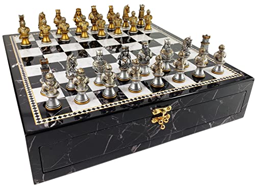 Medieval Times Crusades Knight Chess Set Gold & Silver Busts with 17 inch Faux Marble Storage Board