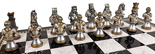 Medieval Times Crusades Knight Chess Set Gold & Silver Busts with 17 inch Faux Marble Storage Board