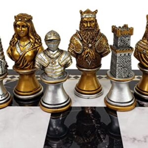 Medieval Times Crusades Knight Chess Set Gold & Silver Busts with 17 inch Faux Marble Storage Board