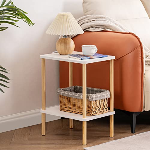 Apicizon 2 Tier End Table, Boho Side Table with Storage Shelf, Nightstand Bedside Table for Small Spaces, Bedroom, Living Room, Entryway, Farmhouse, Easy Assembly, White+Natural