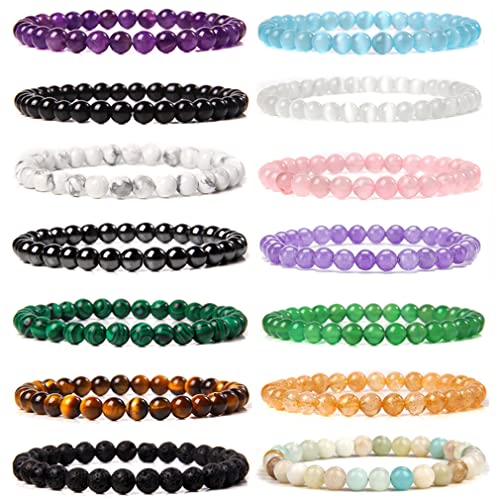 SAMOCO 14Pcs Gemstone 6mm Semi Precious Round Beaded Bracelet Set For Women Men Healing Crystal Stretch Energy Stone Bead Bracelets Jewelry