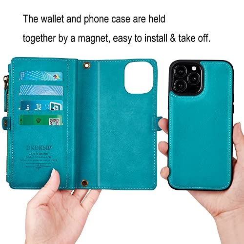 DKDKSIP for iPhone 13 Pro Max Wallet Case (6.7 inch), [RFID Blocking] Multi-Function 2 in 1 Detachable Magnetic Case, PU Leather with Crossbody Strap Zipper 12 Card Holder, Dream Blue