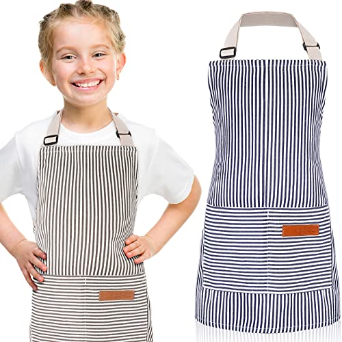 Jiuguva 2 Pack Kids Apron Adjustable Chef Apron Cotton Toddler Stripe Apron Cooking Aprons with 2 Pockets for Children Baking(Blue, Brown)