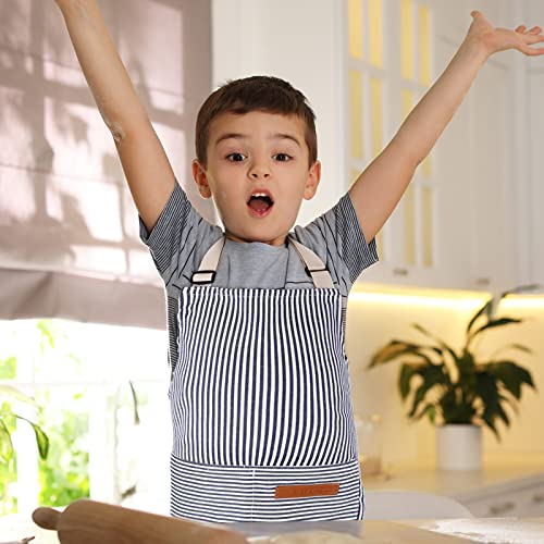 Jiuguva 2 Pack Kids Apron Adjustable Chef Apron Cotton Toddler Stripe Apron Cooking Aprons with 2 Pockets for Children Baking(Blue, Brown)