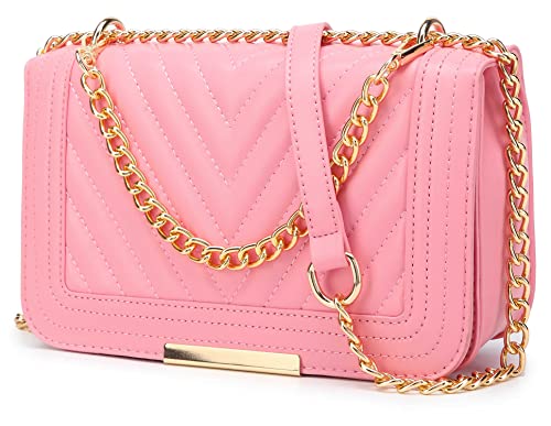 lola mae Crossbody Bags for Women Fashion Quilted Shoulder purse with Convertible Chain Strap Classic Satchel Handbag (Pink-715)