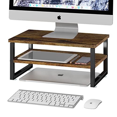 Ekisemio 2-Tier Monitor Stand Riser, Wood Desk Organizer Stand for Laptop, Computer, iMac, Pc, Printer, Black