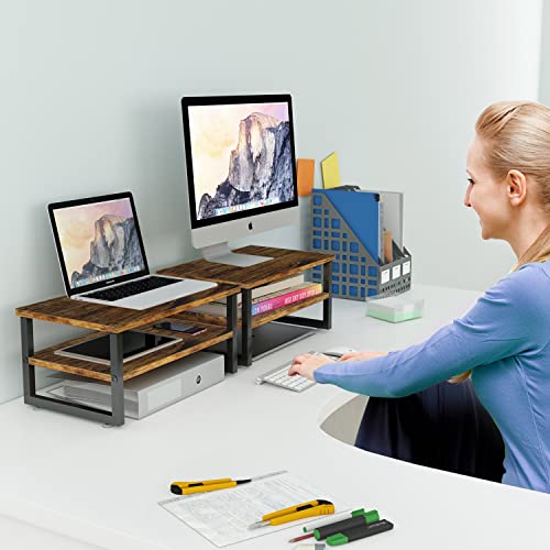 Ekisemio 2-Tier Monitor Stand Riser, Wood Desk Organizer Stand for Laptop, Computer, iMac, Pc, Printer, Black