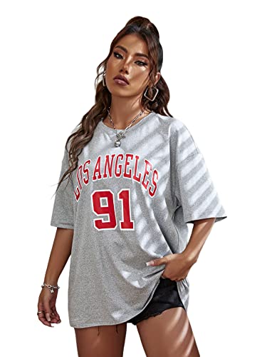 SOLY HUX Women's Oversized Graphic Tees Letter Casual Summer Tops Short Sleeve Tshirt Light Grey M