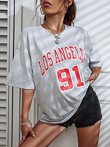 SOLY HUX Women's Oversized Graphic Tees Letter Casual Summer Tops Short Sleeve Tshirt Light Grey M