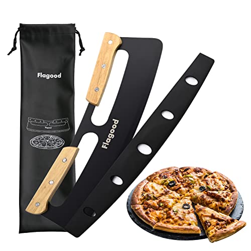 Flagood Pizza Cutter Rocker with Wooden Handles & Protective Cover, 14inch Sharp Stainless Steel Large Pizza Slicer Knife for Kitchen Tool Accessories