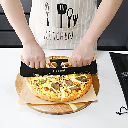 Flagood Pizza Cutter Rocker with Wooden Handles & Protective Cover, 14inch Sharp Stainless Steel Large Pizza Slicer Knife for Kitchen Tool Accessories