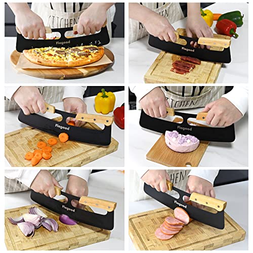 Flagood Pizza Cutter Rocker with Wooden Handles & Protective Cover, 14inch Sharp Stainless Steel Large Pizza Slicer Knife for Kitchen Tool Accessories