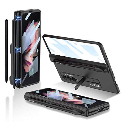 CeeEee Samsung Galaxy Z Fold 3 5g Case Screen Protector 360 Degree Full Protection Built-in with 9H Tempered Glass Screen Protector with S Pen Holder and Kickstand Cover Hinge Protection, Black