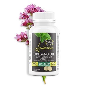 Louianna - Organic Wild Oregano Oil with Vitamin D, Liquid Softgel Capsules with 80 Percent Carvacrol, Supports Your Bones, Immune and Gut Health, Herbal Supplements, 120 Softgels