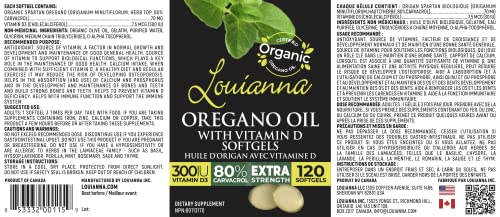 Louianna - Organic Wild Oregano Oil with Vitamin D, Liquid Softgel Capsules with 80 Percent Carvacrol, Supports Your Bones, Immune and Gut Health, Herbal Supplements, 120 Softgels