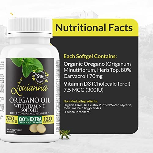 Louianna - Organic Wild Oregano Oil with Vitamin D, Liquid Softgel Capsules with 80 Percent Carvacrol, Supports Your Bones, Immune and Gut Health, Herbal Supplements, 120 Softgels