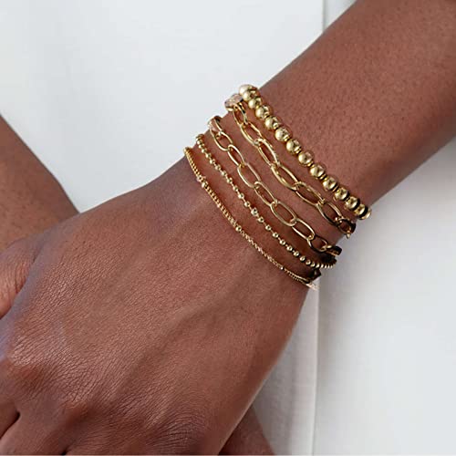 KesaPlan Gold Bracelets Set for Women Adjustable 14K Gold Plated Dainty Beaded Paperclip Link Bracelet Set for Teen Girls