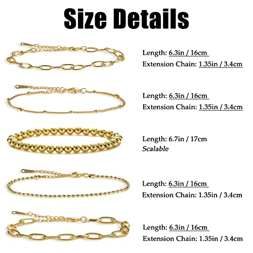 KesaPlan Gold Bracelets Set for Women Adjustable 14K Gold Plated Dainty Beaded Paperclip Link Bracelet Set for Teen Girls