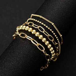 KesaPlan Gold Bracelets Set for Women Adjustable 14K Gold Plated Dainty Beaded Paperclip Link Bracelet Set for Teen Girls