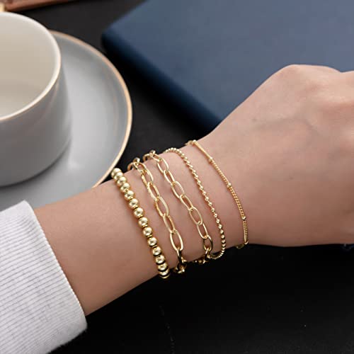 KesaPlan Gold Bracelets Set for Women Adjustable 14K Gold Plated Dainty Beaded Paperclip Link Bracelet Set for Teen Girls