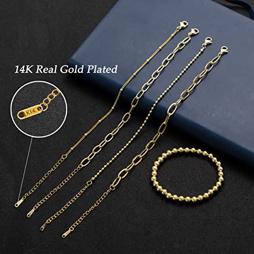 KesaPlan Gold Bracelets Set for Women Adjustable 14K Gold Plated Dainty Beaded Paperclip Link Bracelet Set for Teen Girls