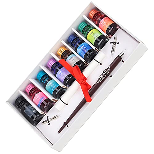 Bewinner Ink Glass Dip Pen Set, Wooden Calligraphy Ink Pen, 8-Color Ink Pen Gift Box Packaging with Replaceable Nib