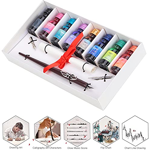 Bewinner Ink Glass Dip Pen Set, Wooden Calligraphy Ink Pen, 8-Color Ink Pen Gift Box Packaging with Replaceable Nib