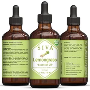 Siva Lemongrass Essential Oil 4 Fl Oz with Premium Glass Dropper– 100% Pure, Natural, Undiluted & Therapeutic Grade, Great for Skincare, Scalp & Hair Care, Aromatherapy, Diffuser, Soaps & Candles