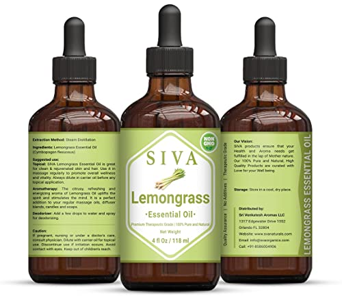 Siva Lemongrass Essential Oil 4 Fl Oz with Premium Glass Dropper– 100% Pure, Natural, Undiluted & Therapeutic Grade, Great for Skincare, Scalp & Hair Care, Aromatherapy, Diffuser, Soaps & Candles