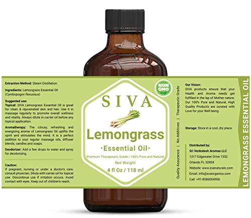 Siva Lemongrass Essential Oil 4 Fl Oz with Premium Glass Dropper– 100% Pure, Natural, Undiluted & Therapeutic Grade, Great for Skincare, Scalp & Hair Care, Aromatherapy, Diffuser, Soaps & Candles