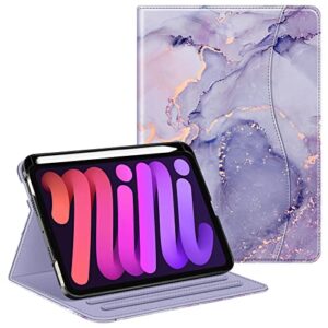 fintie folio case for ipad mini 6 2021, multi-angle smart stand cover w/pencil holder & pocket, auto sleep/wake for ipad mini 6th generation 8.3 inch, lilac marble